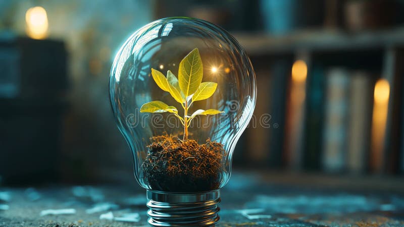 Seedling Growing Inside a Light Bulb on a Wooden Table, Concept of ...