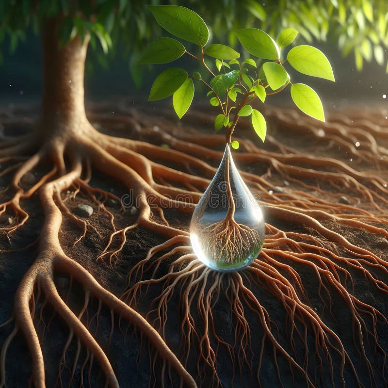 Small Sprout Growing Inside Drop of Water with Large Tree Roots in ...