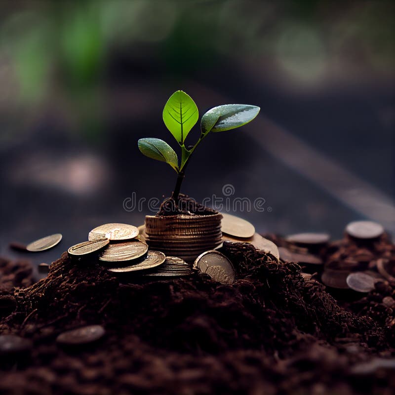 A Seedling Growing on a Pile of Coins Has a Natural Back. Illustration ...