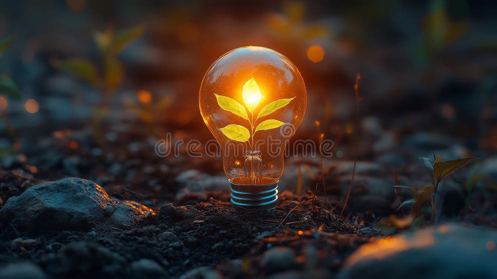 Seedling Inside a Glowing Light Bulb on Soil at Dusk, Eco Innovation ...