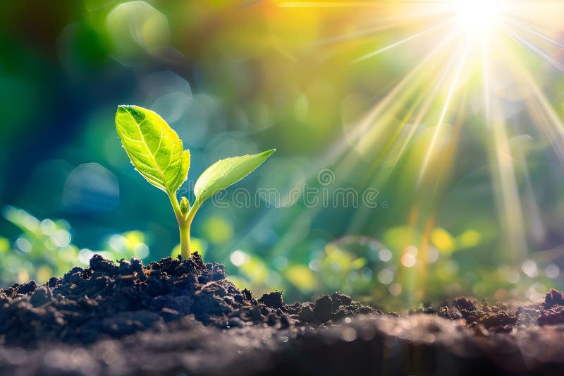 Seedling Sprouting from Soil with Sun Rays and Sky - AI Generated Stock ...