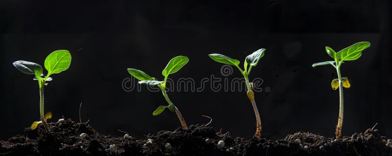 3 Seedlings in Different Stages of Growth on Black Background - AI ...