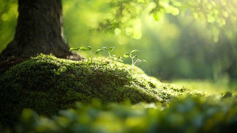 Seedlings Growing on Moss Under Tree in Dappled Light Stock Photo ...