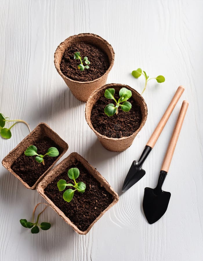 Seedlings Growing in Pots on a Wooden Surface with Gardening Tools Stock Illustration ...