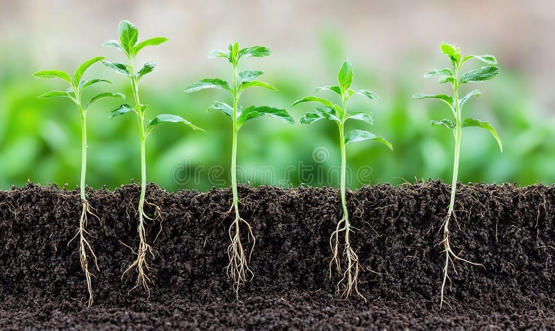 Seedlings Growing in Soil, Showing Root Systems, Against Blurred Green ...