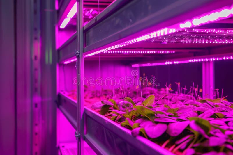 Seedlings on Hydroponic Farm with Pink LED Lighting Stock Photo - Image ...