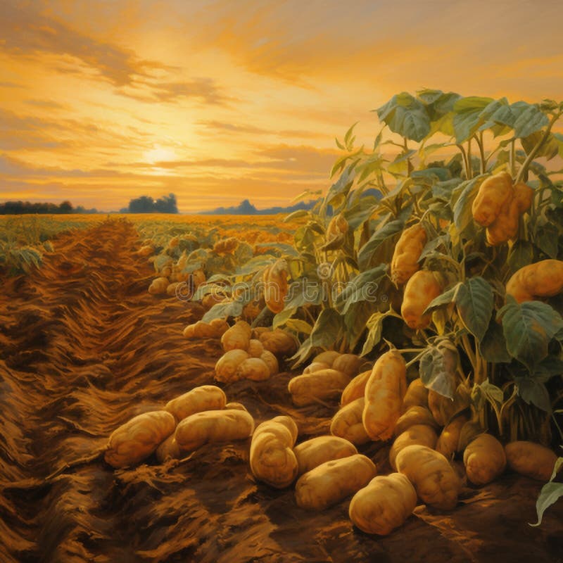 Seedlings of Potatoes in the Field at Sunset. Agricultural Landscape ...