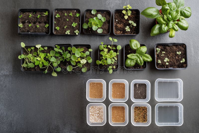 Seedlings in Small Containers and Soil Samples Arranged on Rustic Table ...