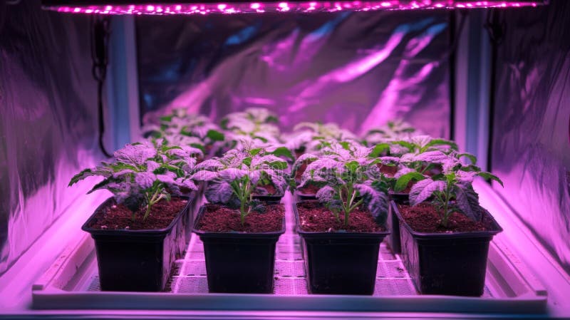 Seedlings Under Purple Grow Lights in Indoor Cultivation Setup Stock ...