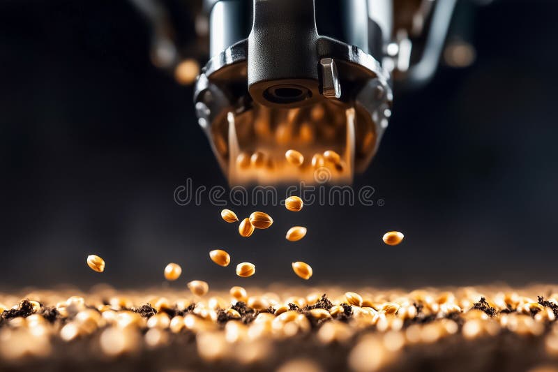 Seeds are Dropping from a Precision Seeder Onto Dark Soil, Showcasing ...