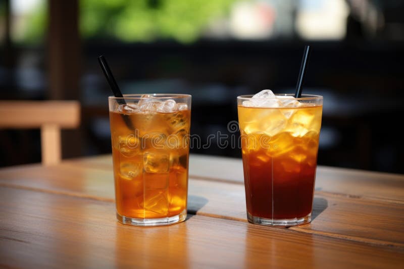 Seeing Hot Tea and an Iced Beverage Side by Side on a Cafe Table Stock ...