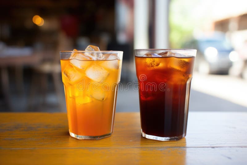 Seeing Hot Tea and an Iced Beverage Side by Side on a Cafe Table Stock ...
