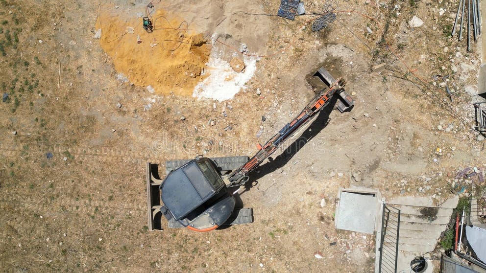 Seen from Above an Excavator Working on a Field Stock Image - Image of ...