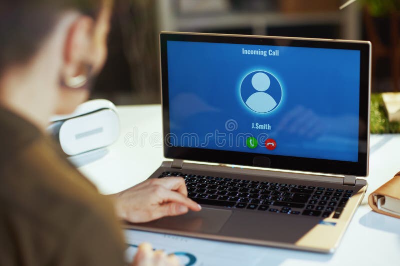 Seen from Behind Modern Female with Laptop Having Video Chat Stock ...