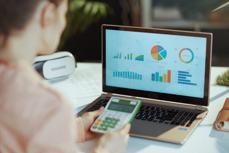 Seen from Behind Modern Female Working with Graphs Stock Photo - Image ...