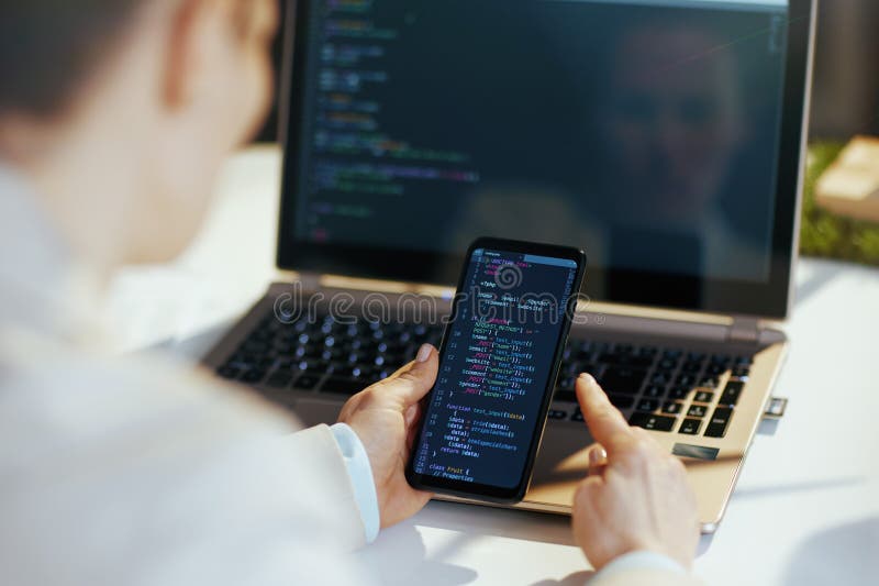 Seen from Behind Modern Woman with Laptop Developing Program Stock ...