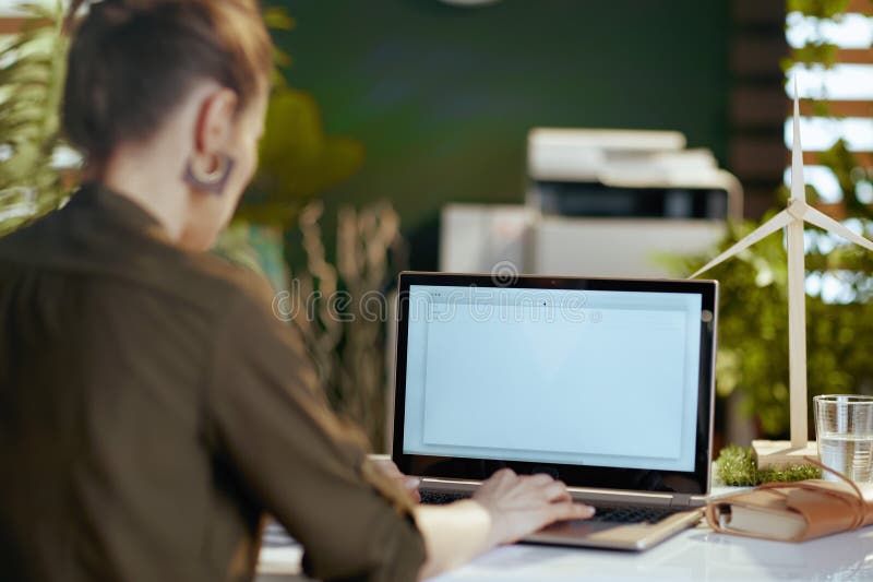 Seen from Behind Modern Woman with Laptop Writing Email Stock Photo ...