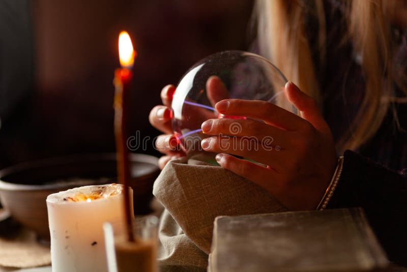 Seer with Magic Ball Performs Ritual. Psychic Vision, Fortune Teller ...