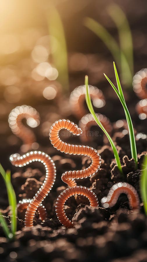 Segmented Orange Worms in Soil with Green Sprouts Earthworm Stock ...