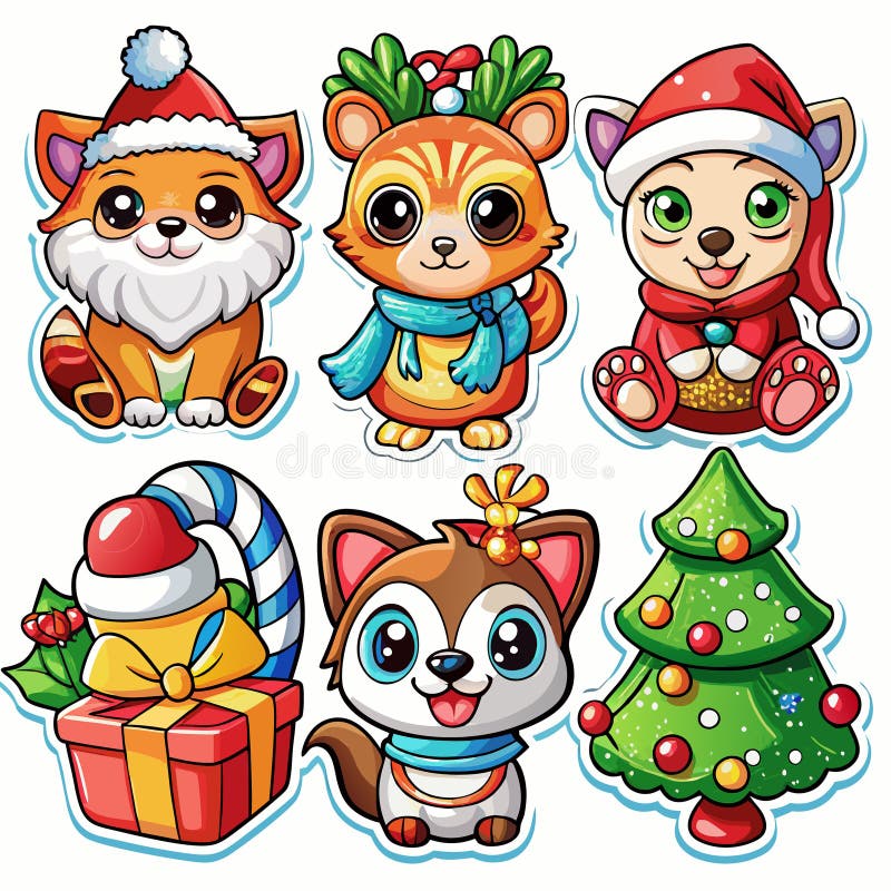 Seis Adorables Dibujos Animados De Navidad Ilustración del Vector ...