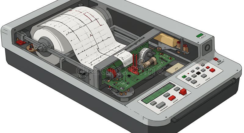 Seismograph Machine Recording Data with Red Lines on Chart Paper Stock ...