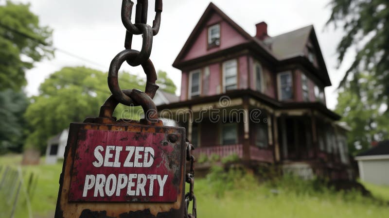 Seized Property Notice on Chain in Front of Foreclosed House Stock ...