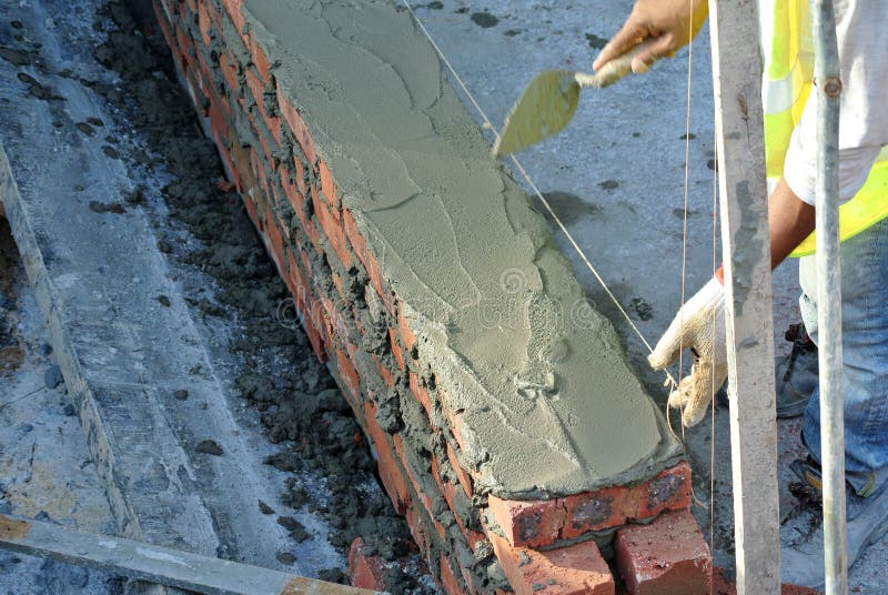 Brick Installation Works at Construction Sites. Stock Photo - Image of ...