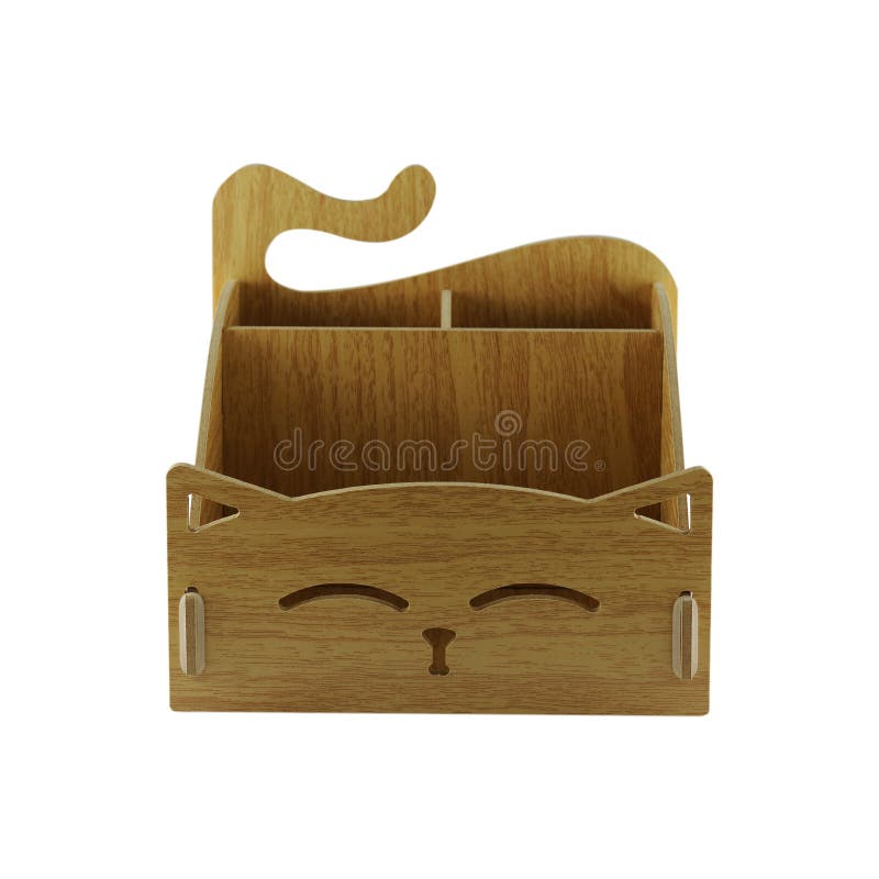 Select Focus, Wooden Box Cat Shape Isolated on White Background Stock ...