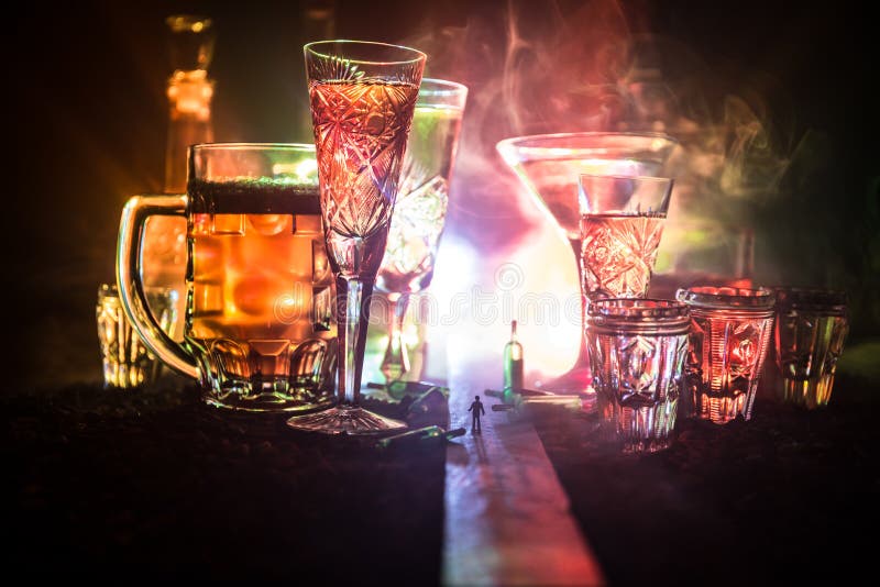 Selection of Alcoholic Drinks on Rustic Wood Background. Creative ...