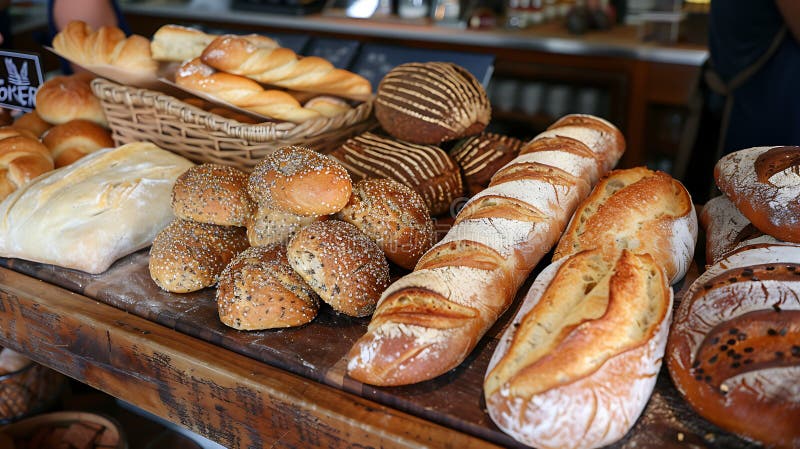 Selection of Artisan Bread and Pastries on a Bakery Counter, Showcasing Different Textures and ...