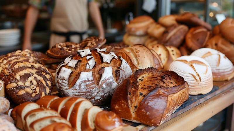 Selection of Artisan Bread and Pastries on a Bakery Counter, Stock ...