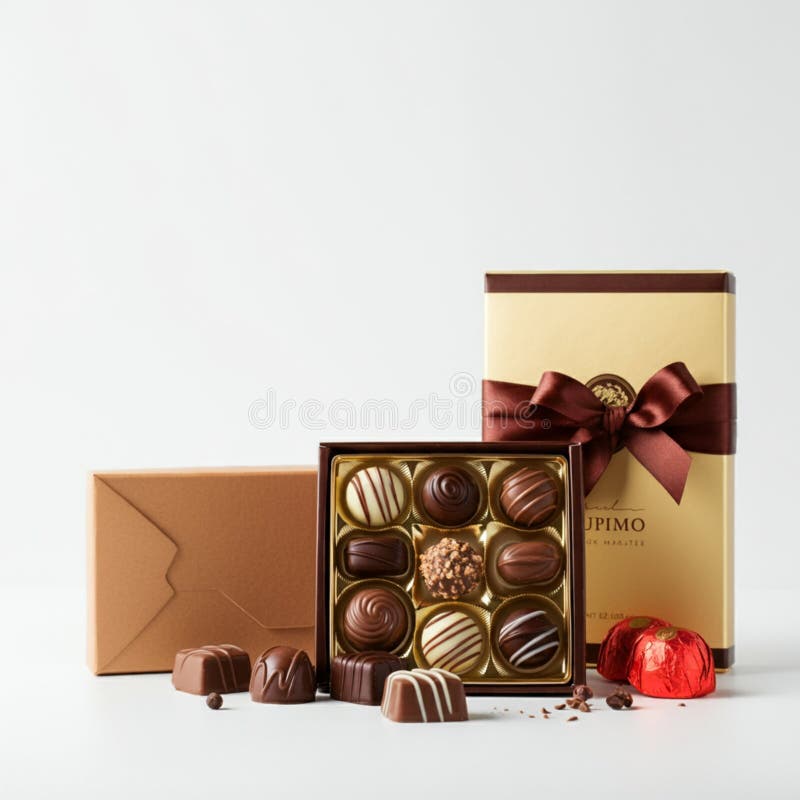A Selection of Assorted Chocolates Displayed in an Open Box with Nine ...