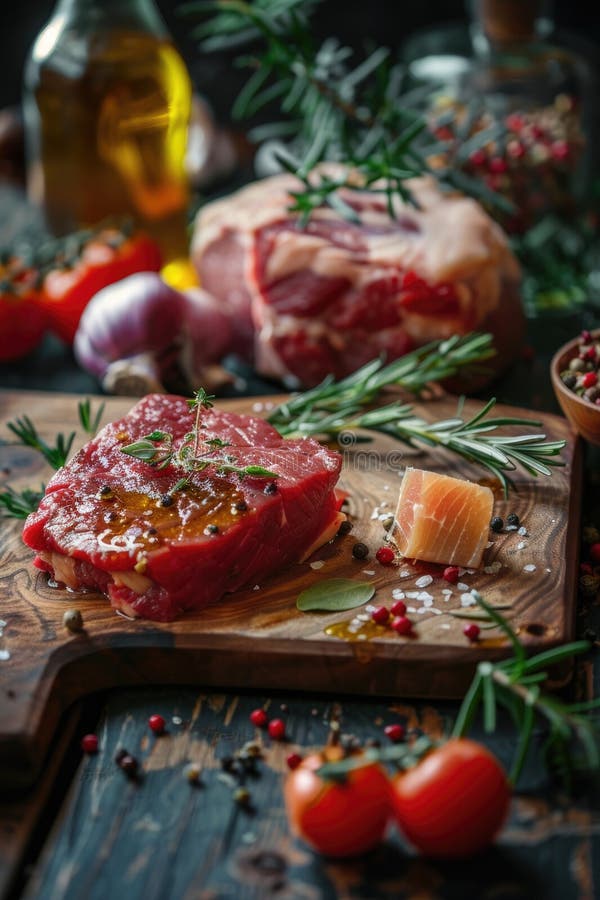 Selection of Assorted Fresh Cuts of Raw Meat with Tomatoes, Oranges ...