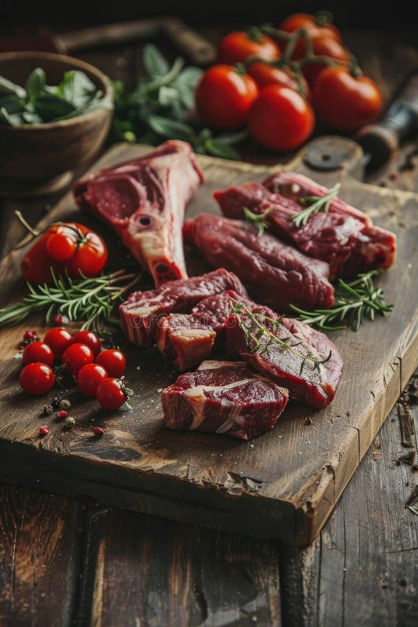 Selection of Assorted Fresh Cuts of Raw Meat with Tomatoes, Oranges ...