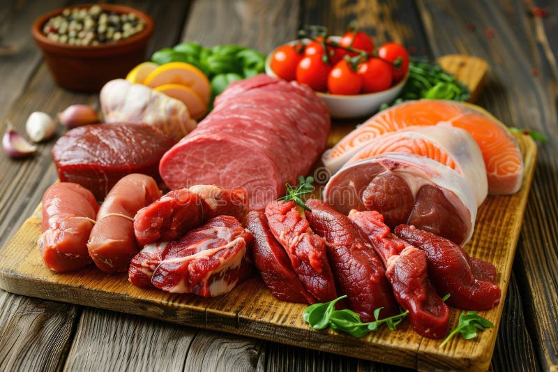 Selection of Assorted Fresh Cuts of Raw Meat with Tomatoes, Oranges ...