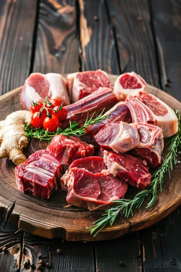 Selection of Assorted Fresh Cuts of Raw Meat with Tomatoes, Oranges ...