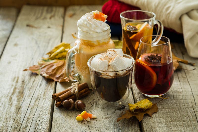 Selection of Autumn Drinks on Wood Background Stock Photo - Image of ...