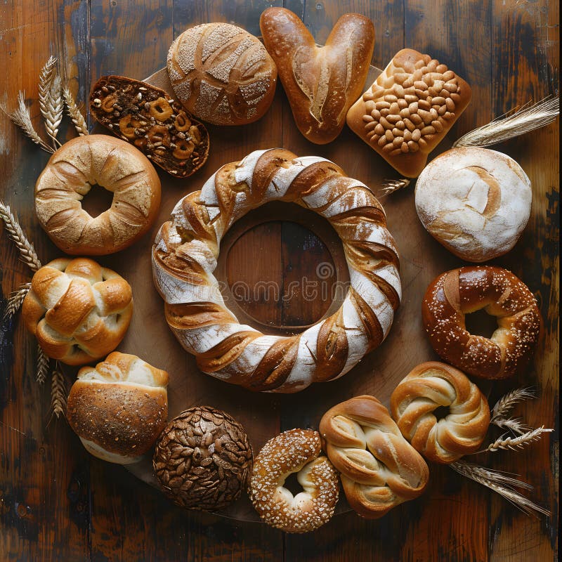 A Selection of Baked Goods Arranged in a Circle on a Wooden Table Stock ...