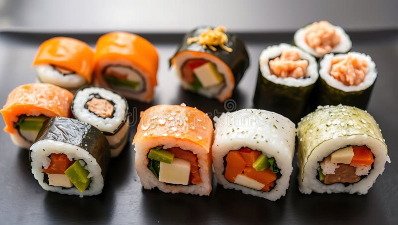 A Selection of Bite Sized Sushi Rolls Including California Rolls Spicy ...