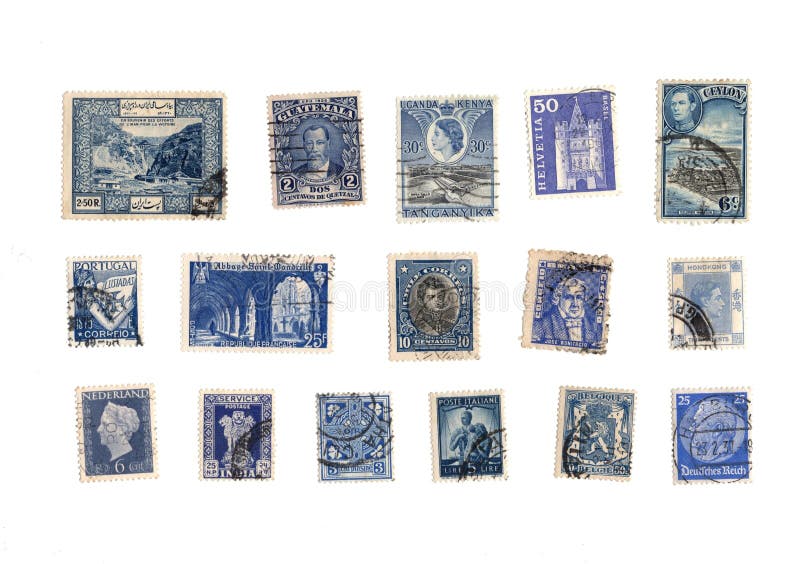 Blue Vintage Postage Stamps from Around the World. Editorial Image ...