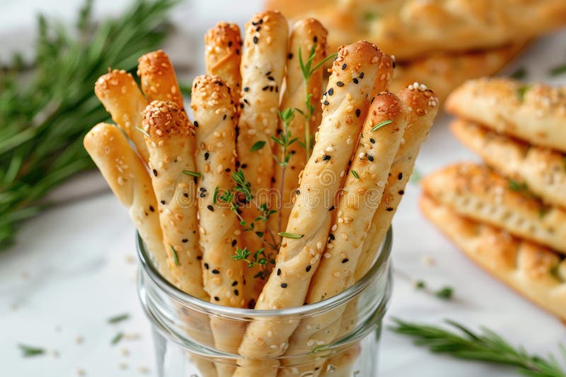 Selection of Breadsticks with Sesame Seeds and Herbs, Displayed in a ...