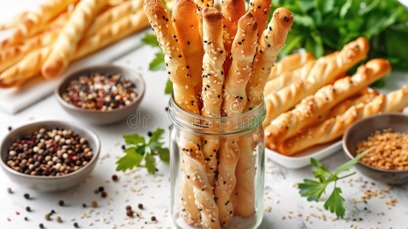 Selection of Breadsticks with Sesame Seeds and Herbs, Displayed in a ...