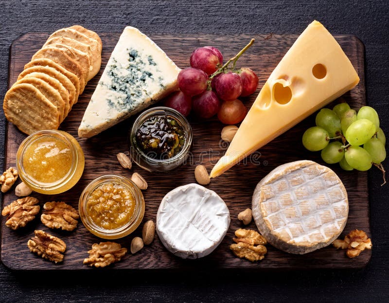 A Selection of British Cheeses on a Wooden Board with Grapes, Nuts, and ...
