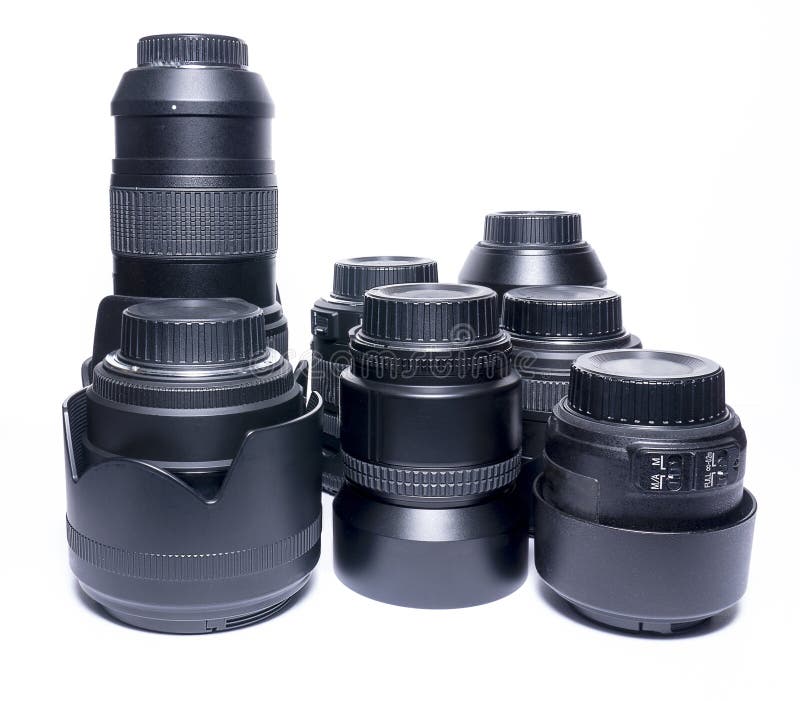 A Selection of Camera Lenses of Various Focal Lengths Isolated on White ...