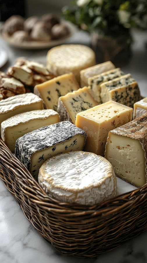 Selection of Cheeses in a Basket Presentation Stock Illustration ...