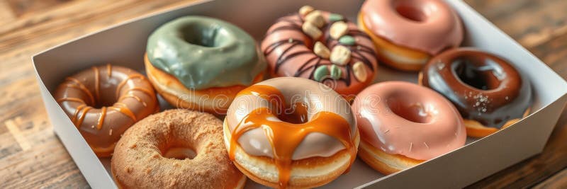 Assorted Doughnuts Arranged in a Box with Creative Toppings and Glazes ...