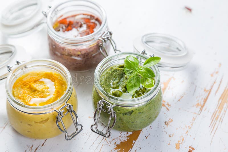 Selection of Colorful Hummus in Jars Stock Photo - Image of snack ...