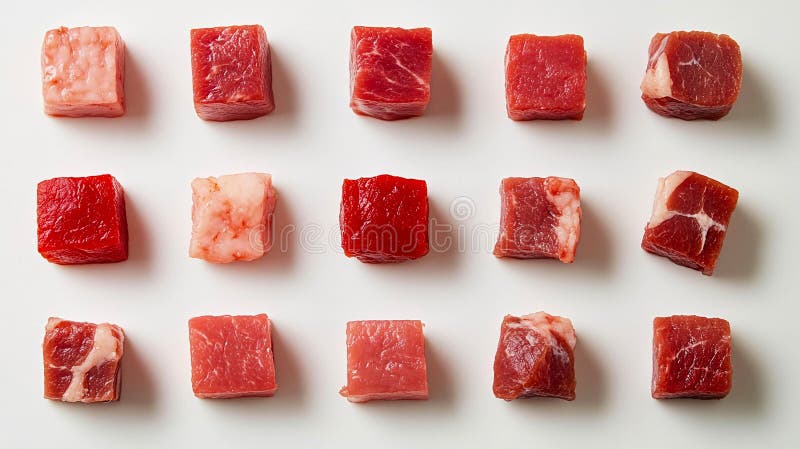Selection of Colorful Meat Cubes Arranged Neatly on a White Surface for ...