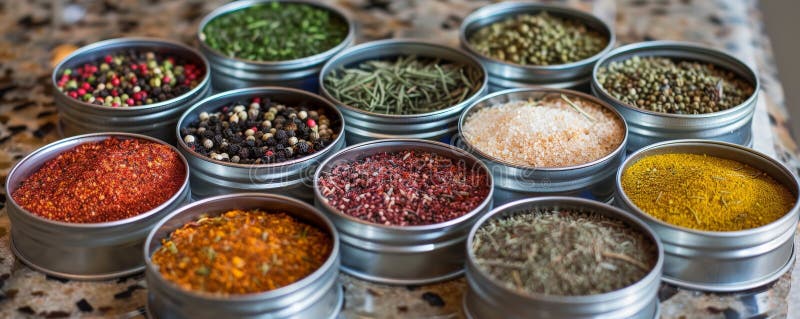 A Selection of Colorful Spices in Round Tins, Arranged in a Grid ...