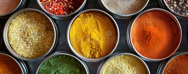 A Selection of Colorful Spices in Round Tins, Arranged in a Grid ...